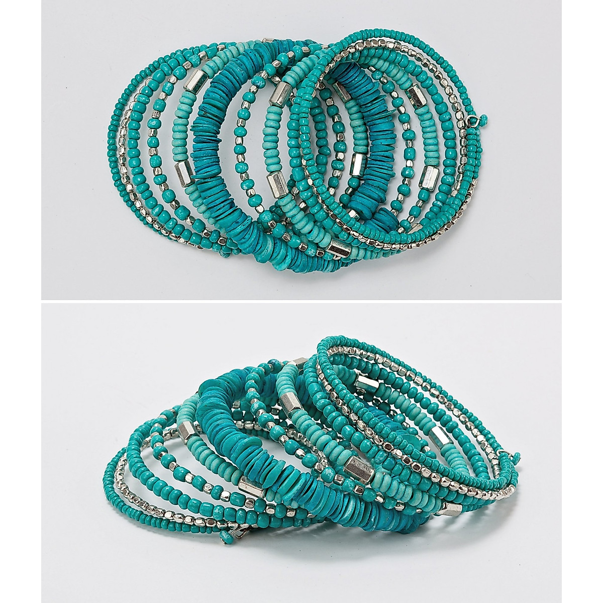 SPUNKYsoul Handmade Bohemian Coil in Aqua Teal and Silver Bracelet for Women Collection