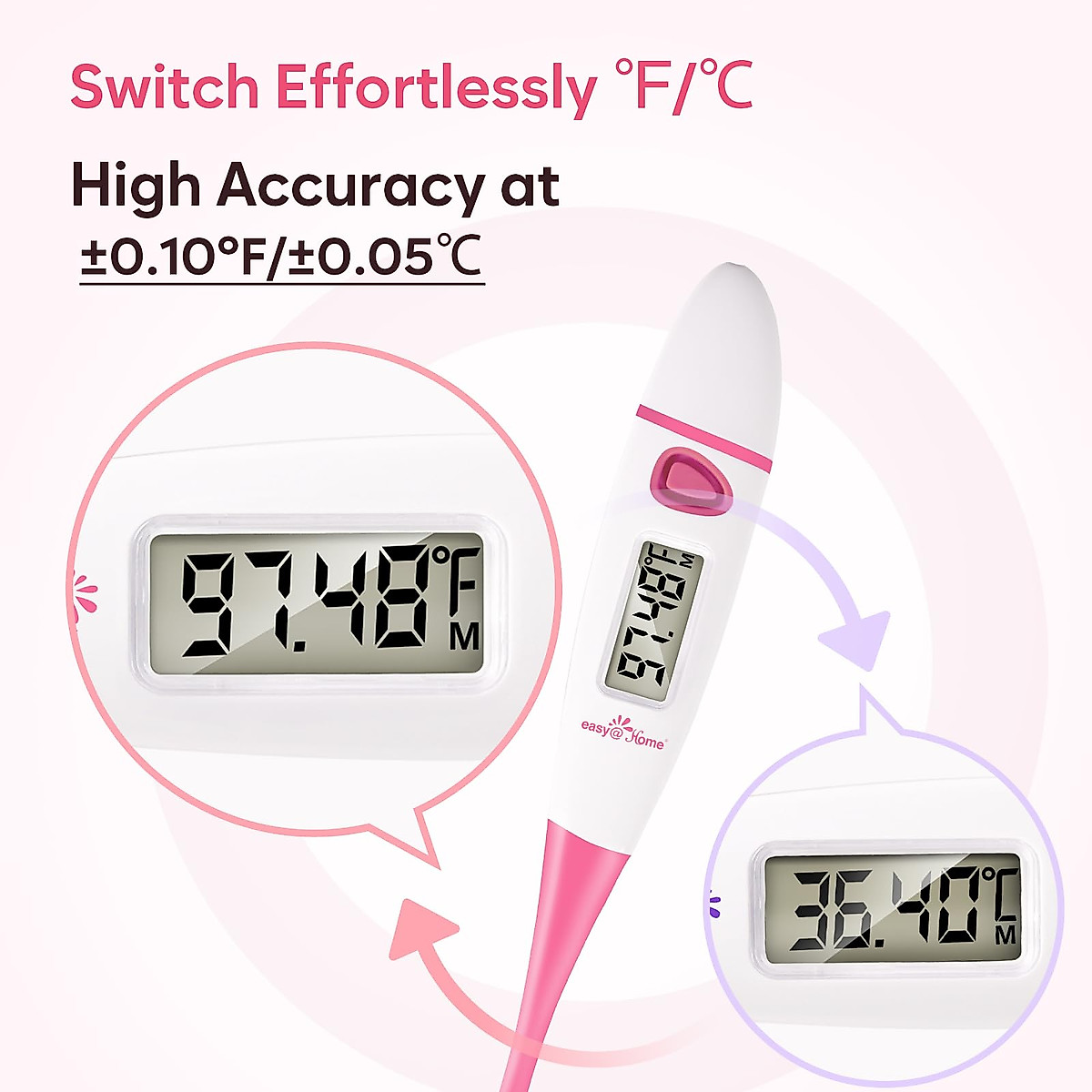Easy@Home Basal Body Thermometer: BBT for Fertility Prediction with Memory Recall - Accurate Digital Basal Thermometer for Temperature Monitoring with Premom App - EBT-018 (Pink)