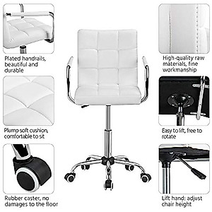Yaheetech White Desk Chairs with Wheels/Armrests Modern PU Leather Office Chair Midback Adjustable Home Computer Executive Chair on Wheels 360° Swivel