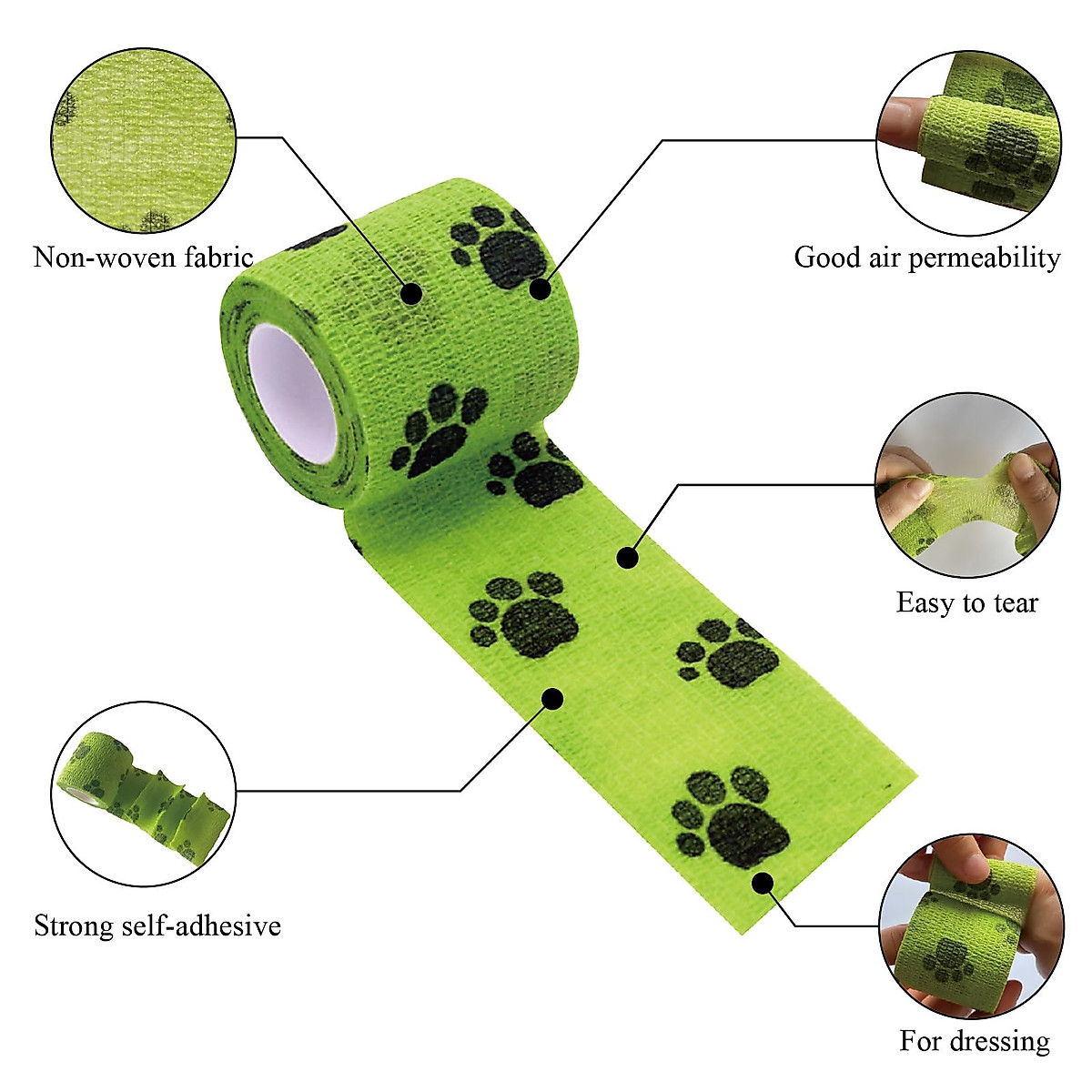 AMOGATO 6 Pack Paw Self Adhesive Bandage Wrap, Vet Wrap Cohesive Bandagesfor Pets, Athletic, Sports, Wrist, Ankle, First Aid 2 Inch x 5 Yards