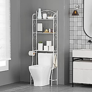 HOME BI Over The Toilet Storage,3-Tier Bathroom Storage Rack,Bathroom Space Saver,Freestanding Above Toilet Rack with Hooks and Toilet Paper Rack (White)