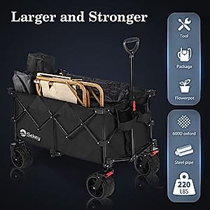 Sekey Collapsible Foldable Wagon with 220lbs Weight Capacity, Heavy Duty Folding Utility Garden Cart with Big All-Terrain Beach Wheels & Drink Holders. Black