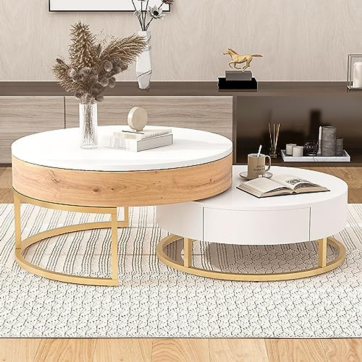 Modern Round Lift-top Nesting Coffee Tables with 2 Drawers, Wood Cocktail Table Center Table with Metal Pedestal & Concealed Storage Compartment for Living Room (Oak Natural Wood + Antique White-74)