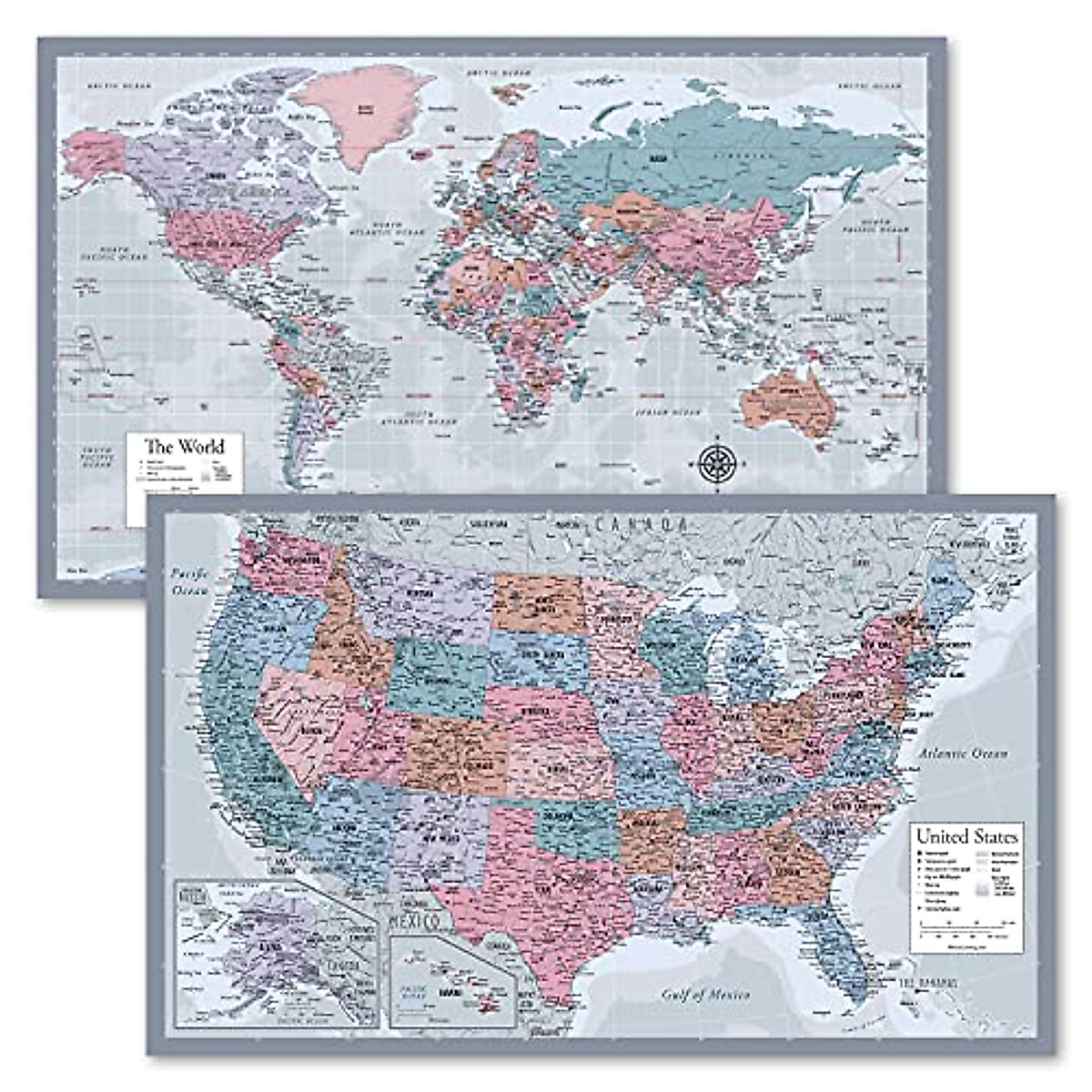 2 Pack - World Map Poster & USA Map Chart [Purple] (Laminated, 18" x 29")
