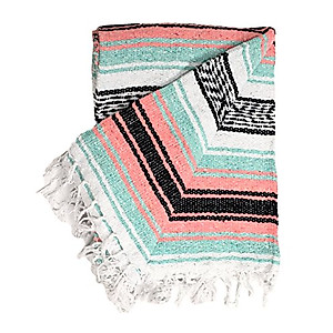 Open Road Goods Teal and Coral Mexican Blanket - Authentic Mexican Falsa Serape - Great Yoga Blanket, Beach Blanket, Picnic Blanket, or Mexican Style Home Throw! Handwoven (Mint and Peach)