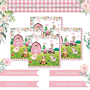 96PCS Farm Animals Party Supplies Tableware Set Farm Birthday Party Barn Animal Theme Party Cute Pink Animal Baby Shower Dessert Plate Dinner Plate Paper Napkins Forks Dinnerware for 24 Guests
