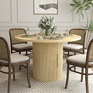 weselon 47 inch Round Dining Table for 4, Kitchen Table Dinner Table with 2-Layer Storage Shelf and Wood Slide Door for Home Dining Room Living Room (Light Oak)