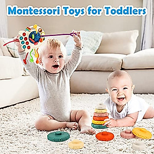 Baby toys for 6 to 12 Months Sensory Montessori Toys for 1 Year Old, Pull String & Stacking Toys for Early Development, Teething Travel Toys for Car Seat, Gifts for Infant 8 9 12 18 Months Toddler 1 2