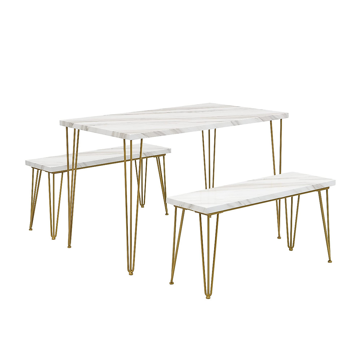 LIADTOP, 3-Piece Kitchen Sets,Rustic Farmhouse Faux Marble Dining 2, Thick Table/Bench Top with Iron Frame for 4,White+Gold