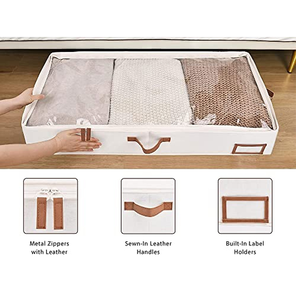 StorageWorks Underbed Storage Box, Under Bed Clothes Organizer With Sturdy Structure and Ultra Thick Fabric, Ivory White, Large, 2 pack
