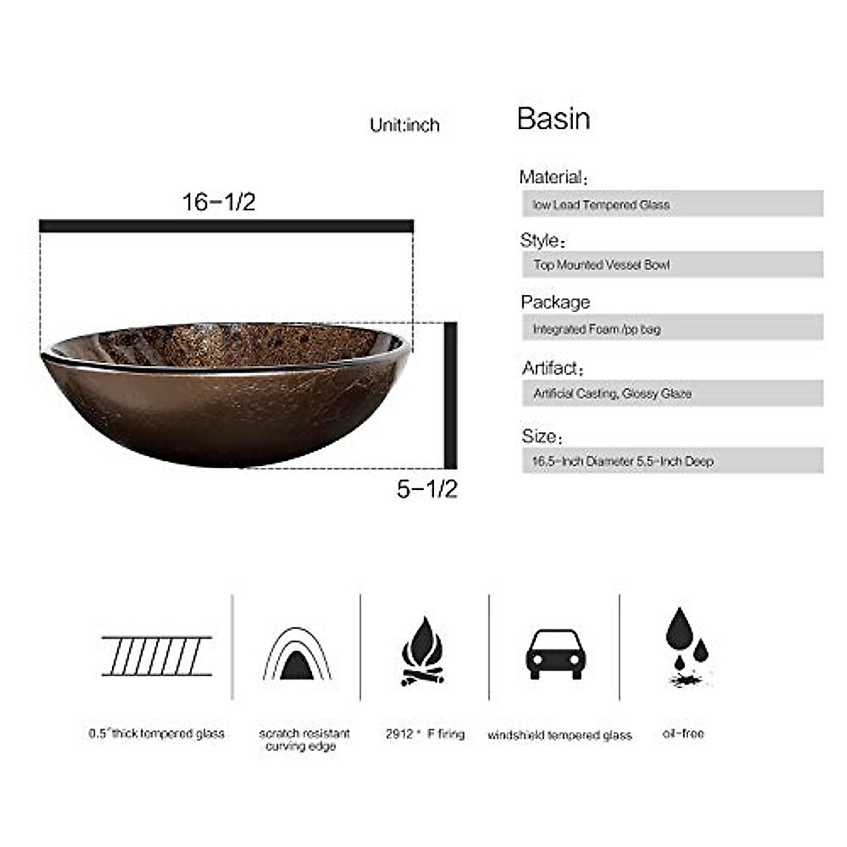 Bathroom Vessel Sink, 16.5" Artistic Glass Bathroom Bowl Basin with Faucet, Mounting Ring and Pop Up Drain, Brown