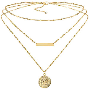 Fiusem Gold Layered Necklaces for Women, Dainty 14K Gold Plated Moon Pendant Necklace and Choker Necklaces for Women, 15”, 16”, 18”