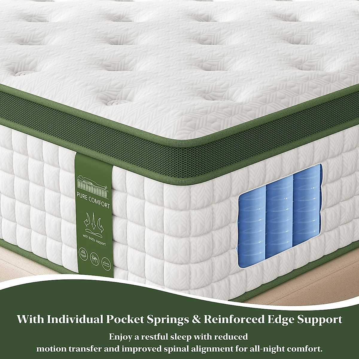 Queen Mattress, 12-Inch Plush Luxury Hybrid Mattress, Fiberglass-Free Mattress in a Box with Gel Memory Foam, Individual Pocket Spring for Motion Isolation-Edge Support,CertiPUR-US,100 Nights Trial