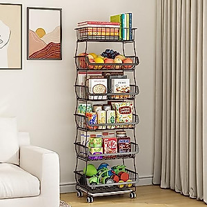 Wisdom Star 6 Tier Fruit Vegetable Basket, Wire Storage Basket Organizer Utility Cart with Wheels, Vegetable Basket Bins for Onions and Potatoes, Fruit Vegetable Storage Cart for Kitchen, Black