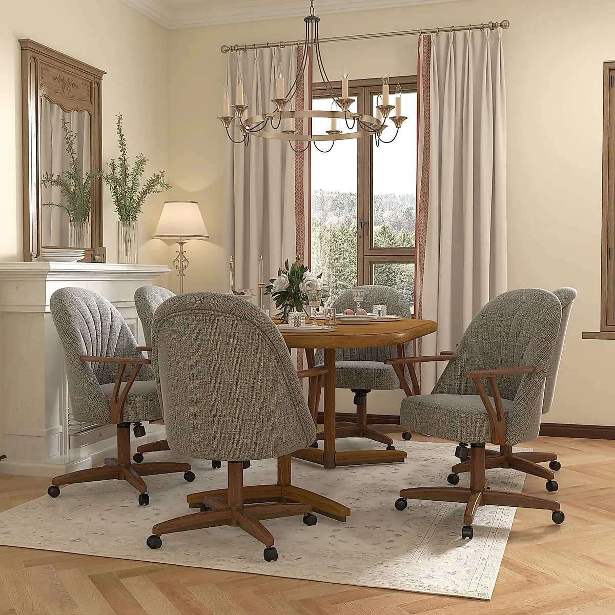 Chromcraft Caster Swivel Tilt Dining Chairs, Luxe Casual Wooden Arm All-Metal Pedestal Base Chairs with Rolling Wheels for Kitchen(Fonzo Marble-Walnut)