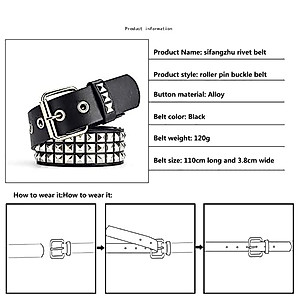 FOCAST Black Studded Belt Punk Rock Rivet Belt Grommet Threads Belt with Bright Metal Pyramid for Women Men (Black)
