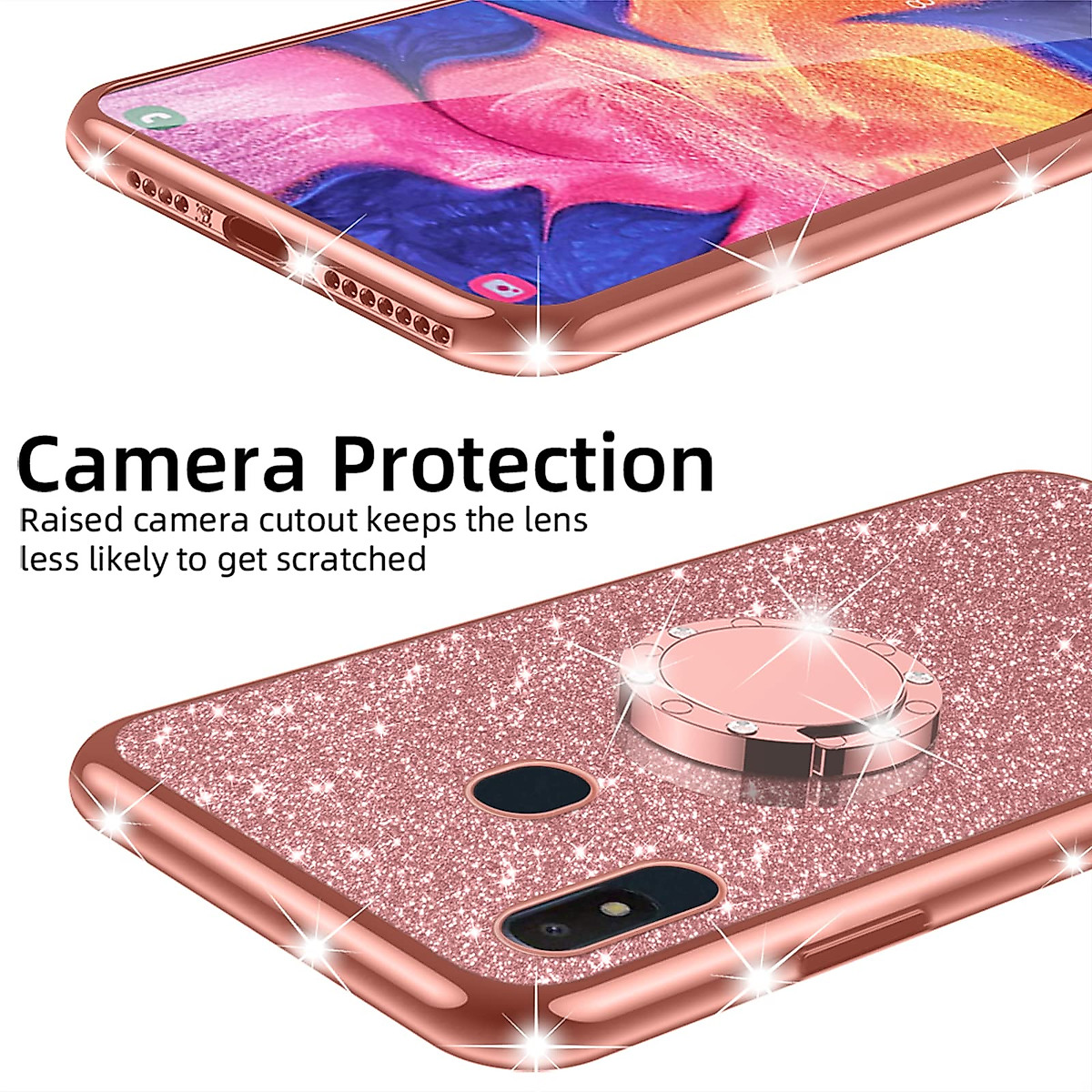 for Samsung Galaxy A10E Phone Case Girls Women Cute Rhinestone Glitter TPU Case with Ring Stand Strap Lanyard Shockproof Protection Cover for Samsung Galaxy A20E -Rose Gold