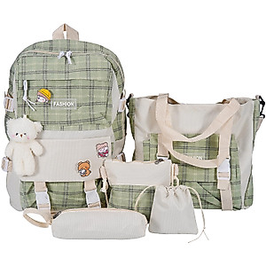 5Pcs Canvas School Backpack Combo Set with Kawaii Bear Pendant Cute Pins Plaid Check Handle Shoulder Tote Bag Schoolbag (Green)