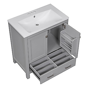 Aiuyesuo Multifunctional Storage 30" Grey Bathroom Vanity with Single Sink, Combo Cabinet Undermount Sink, Solid Wood Bathroom Cabinet Frame with 2 Doors and A Drawer, Soft Closing