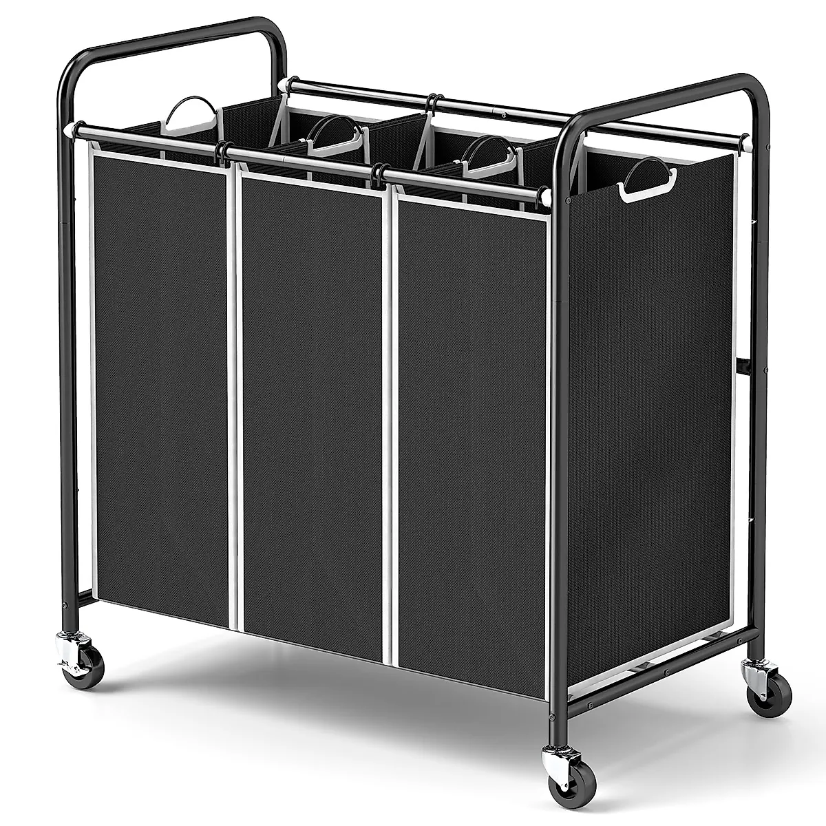 ROMOON Laundry Sorter 3 Section, Heavy-Duty Laundry Hamper with Lockable Wheels and Removable Bags, Rolling Laundry Basket Cart, Dirty clothes hampers for Family laundry, Black