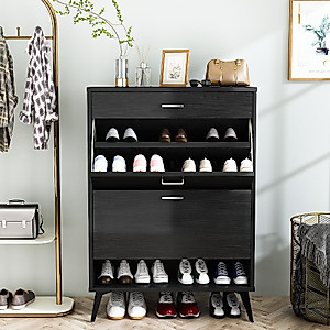 AWQM Shoe Cabinet, Modern Shoe Storage Cabinet with Hidden 2 Flip Drawers and Slide Drawer, Freestanding Slim Shoe Organizer Racks for Entryway, Hallway - Black