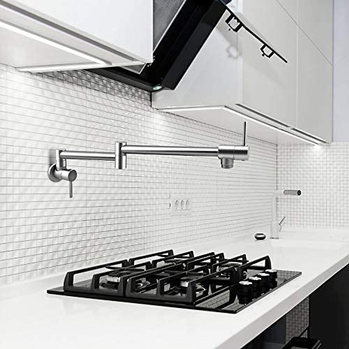 QWORK Stainless Steel Wall Mount Pot Filler Faucet - 1/2"-14 NPT Thread, Commercial Kitchen Sink Faucet with Foldable Stretchable Double Handles and Single Hole Configuration