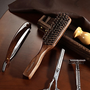 Mens Wild Boar Bristle Hair Brush for Men - Slick Back Hair Brush - Stiff Bristles for Thick Hair, Natural Black Walnut Wooden Handle Hairbrush, Beard Mustache Brush Comb by GAINWELL