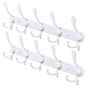 PHINGEER Coat Rack Wall Mount, Heavy Duty Coat Rack with 5 Tri Wall Hooks, Stainless Steel Coat Hooks for Hanging Coats, Jacket, Hanger, Hat, Bag, Towel, Purse (White, 2Packs)