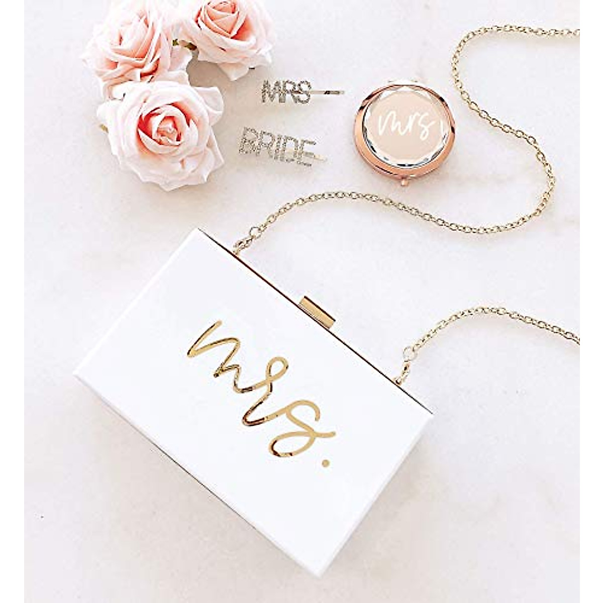 ModParty Mrs Acrylic Clutch Purse | Bridal Shower, Engagement, & Honeymoon Gift | Bride to Be Accessory | Crossbody with Removable Chain | White and Gold