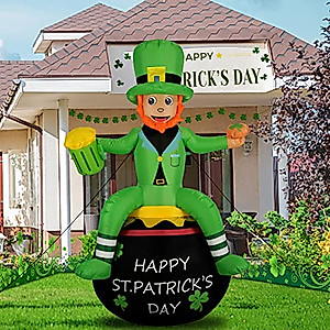6ft St. Patrick's Day Inflatables Blow Up Outdoor Decorations Leprechaun on Pot of Gold with Beer and Clover Yard Decoration Built-in Led and Fan