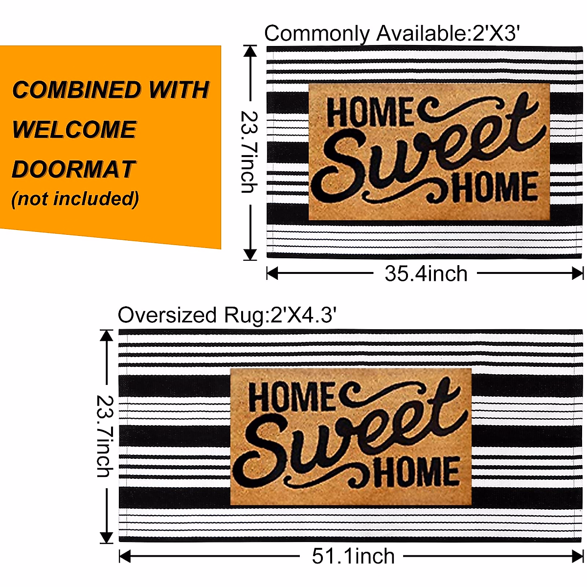 Black and White Striped Outdoor Rug, 2’ x 4.3’ Cotton Hand-Woven Reversible Front Porch Rug Washable Front Door Mat Entryway Rugs Welcome Layered Doormat Carpet for Patio Farmhouse Kitchen