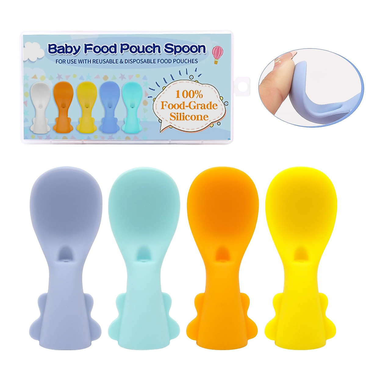 Miniguysa Silicone Baby Spoons & Squeeze Pouch Feeder Attachments Topper: Easy-Clean, Leak-Proof Spoon for Infant Food, Ideal for Diverse Food Pouches, Suitable for 3+ Months Babies 4-Pack, 2.48*1.18
