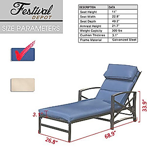 Festival Depot 2 Pieces Patio Outdoor Chaise Lounge Recliner Chairs with Cushions Set Premium Fabric Metal Frame Furniture Garden Bistro Soft Headrests (Blue)