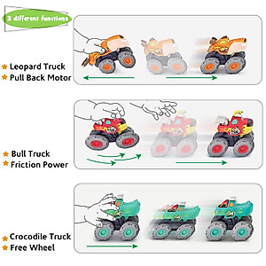 MOONTOY Toy Cars for 1 2 3 Year Old Boys, 3 Pack Friction Powered Cars Pull Back Toy Cars Set - Bull Truck, Leopard Truck, Crocodile Trucks, Push and Go Toy Cars for Toddler Boys Baby Gift.