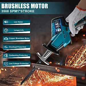 Cordless Reciprocating Saw compatible with 18V Battery makita, 3500RPM Brushless Reciprocating Saw with 4 Saw Blades, Professional Reciprocating Saw for Wood, Metal & PVC Cutting(No battery)
