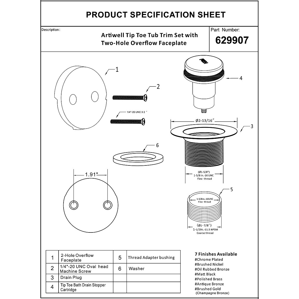 Artiwell Tip-Toe Tub Trim Set with Two-Hole Overflow Faceplate, Replacement Bath Drain Trim Kit with 2-Hole Overflow Faceplate and Universal Fine/Coarse Thread (Chrome Plated)