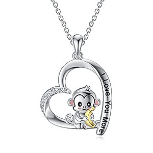 LONAGO Monkey Necklace 925 Sterling Silver I Love You More Cute Monkey Holds Banana Pendant Necklace Jewelry for Women