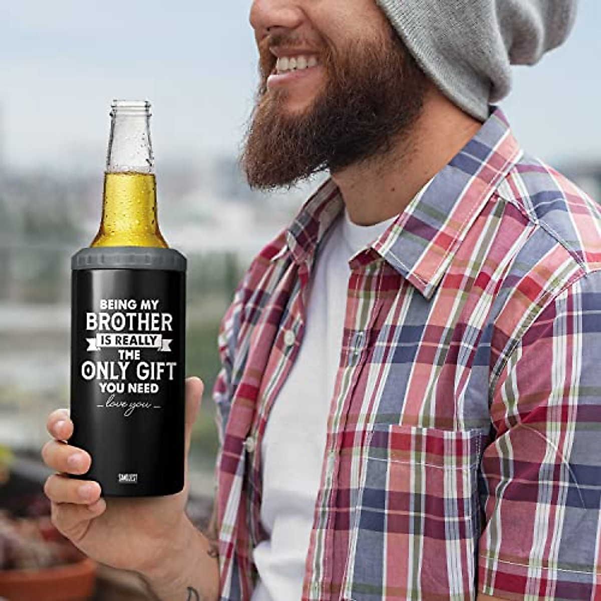 SANDJEST 4-in-1 Design Brother Tumbler & Can Cooler Gift - Being Brother is the Only Gift You Need Cans Coozie - Black Can Holder Christmas Birthday Gifts for Brothers from Sisters, Bros