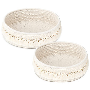 Mkono 2 Pack Macrame Storage Baskets Decorative Woven Cotton Rope Basket for Shelves Countertop Organizer Boho Decor for Organizing Living Room Bedroom Entryway