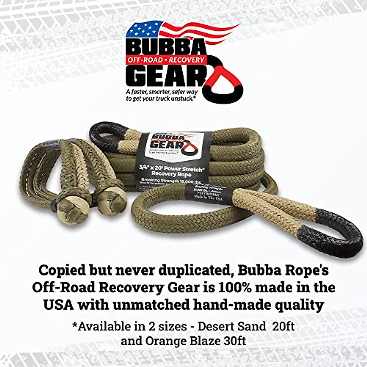 Bubba Rope Heavy-Duty Off-Road Vehicle Tow Recovery Gear Set Renegade Power Stretch Recovery Rope, 3/4” x 20’ & NexGen PRO Gator-Jaw Synthetic Shackles, 3/8” x 6.5” - Desert Tan
