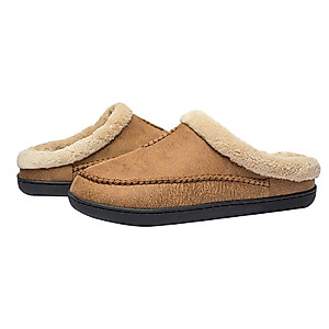 WOTTE Men's Moccasin Slippers Microsuede Fleece Fuzzy Lined Memory Foam House Shoes for Indoor Outdoor Size 11-12 Brown