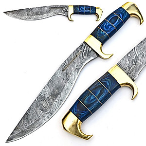 Skokie Knives Custom Hand Made Damascus Steel Hunting Knife Handle Blue Pakka Wood Brass Spacer