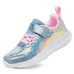 Toandon Little Girls Kids Sneakers Sequins Shoes Breathable Lightweight Elastic Band Athletic Sport Running Walking Fashion Child Strap Non Slip Hook and Loop Closure Sneakers Pink Blue Size 2