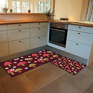 Kuizee Kitchen Mat Set of 2 Pieces Anti Fatigue Rugs Mushrooms Daisy Retro Dark Red Soft Water Absorbent Non-Slip Standing Mats Kitchen Decor Floor,17.7"x 29" +17.7"x58"