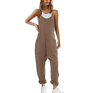 Nirovien Womens Waffle Knit Jumpsuits Oversized One Piece Romper Sleeveless Onesie with Pockets Fall Overalls(Dusty Khaki,L)