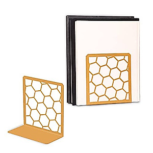 Premium Geometric Gold Honeycomb Bookends for Shelves, Metal Book Ends for Office, L-Shaped Book Stopper, Rustproof Bookends Decorative Unique for Home, 6.25 (L) x 6 (W) inches, 1 Pair - Geomod
