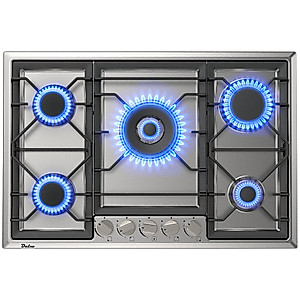 30 Inch Gas Cooktop with 6 Metal Knob, Dalxo 5 Italy Defendi Burner Gas Stovetop, Food-grade Stainless Steel Built-In Gas Hob, NG/LPG Convertible Gas Range Top for Kitchen, Thermocouple Protection