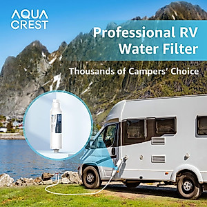 AQUA CREST RV Inline Hose Water Filter, Garden and Camper Water Filter, NSF Certified, Greatly Reduces Chlorine, Bad Taste, Odor, 4 Pack New Label Design
