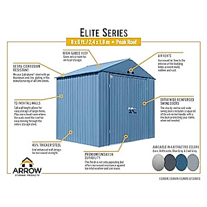 Arrow Shed Elite 8' x 6' Outdoor Lockable Steel Storage Shed Building, Cool Grey