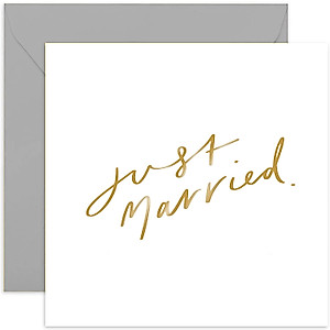 Old English Co. Just Married Wedding Card - Gold Foil Card for Bride and Groom, Mr and Mrs | Happy Couple | Blank Inside & Envelope Included